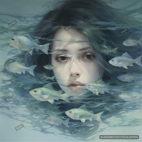 Ai创作图七秒鱼插画 唯美鱼风格插画装饰画 鲛人 人物锦鲤插画 插画 梦中的金鱼 海底世界唯美女孩 原创厚涂 女孩摸鱼插画 雪野鱼头插画 写实唯美插画 抱鱼插画 鱼和女人 插画鱼头 人鱼插画