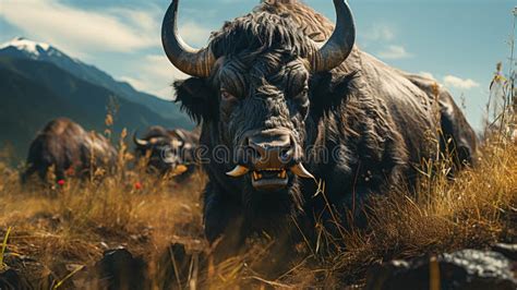 Black Buffalo On A Grass Field Stock Image Image Of Bovine Herbivore