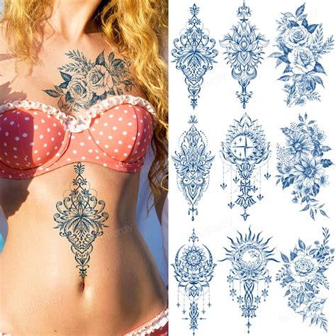 8pcslot Juice Ink Tattoo Sticker Fake Waterproof Floral Temporary