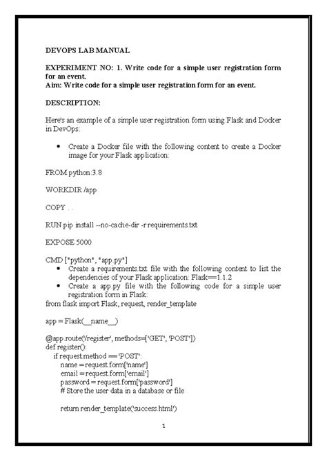 Devops Manual DEVOPS LAB MANUAL EXPERIMENT NO Write Code For A Simple User Registration