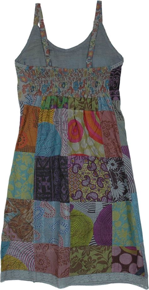 Steel Blue Grey Cotton Patchwork Hippie Sleeveless Dress Clothes