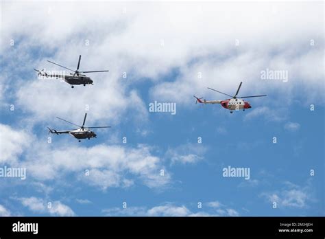 Three Mi 17 Army Helicopters Flying Over Crow During Colombian