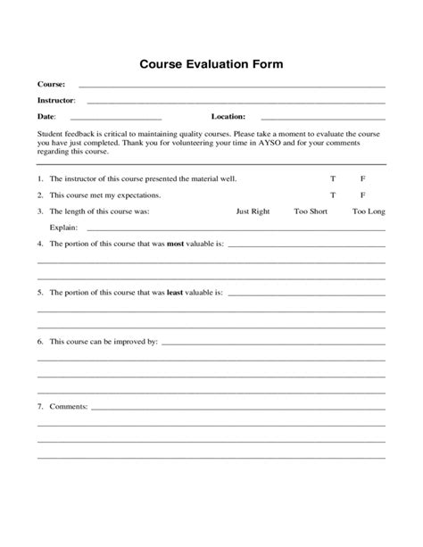 Class Evaluation Form Sample Free Download