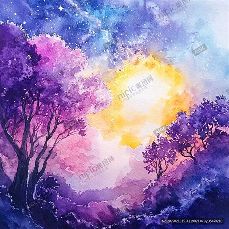 Ai创作图手绘水彩梦幻 手绘紫色梦幻场景 夕阳手绘 蓝紫色梦幻水彩插画 水彩梦幻仙境 夕阳水彩画 梦幻森林插画 手绘唯美夜晚 梦幻夜景插画