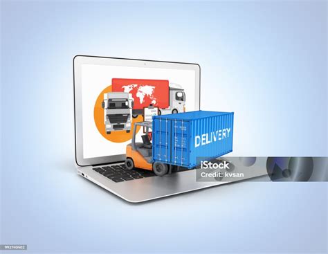 블루 그라데이션에 고립 된 노트북에 배달 개념 화물 컨테이너 지게차와 배치 3d 배경 Cpu에 대한 스톡 사진 및 기타 이미지 Cpu 금속 금속의 Istock