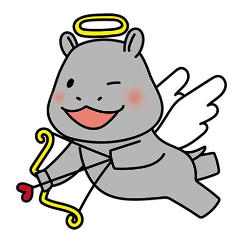 ハートの弓矢を引いている天使の格好をしたカバの無料 フリー イラスト かわいい手描きの無料素材「てがきっず」保育園・小学校・介護施設に