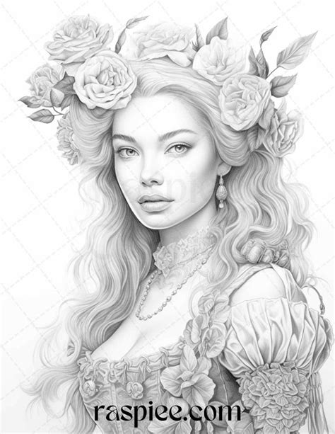 40 Baroque Women Portrait Grayscale Adult Coloring Pages Printable Pd