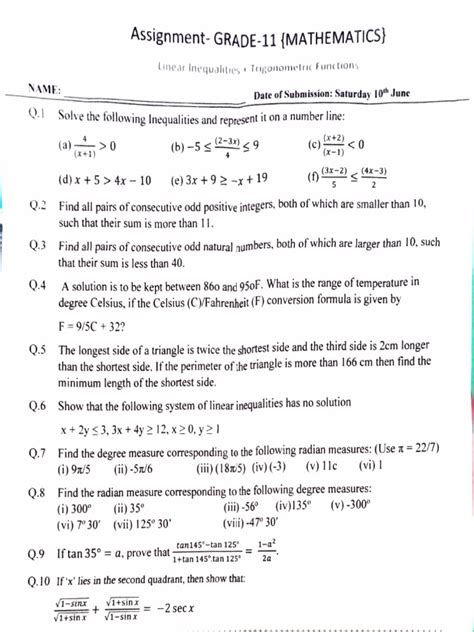 Class 11 Maths Assignment Paper Pdf Trigonometric Functions