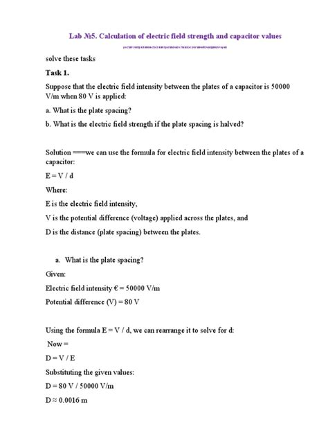 Lab 5 Calculation Of Electric Field Strength And Capacitor Values Pdf Capacitor Capacitance