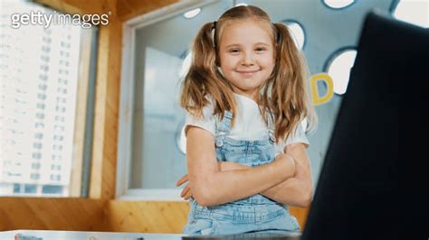 Smart Cute Girl Using Laptop Programing Software While Crossing Arms Erudition 이미지 1994832819