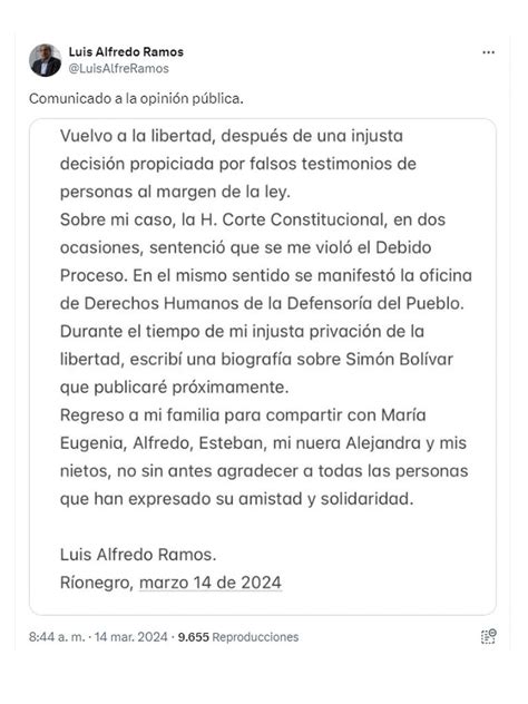 Luis Alfredo Ramos Ya Está Libre Terminará De Purgar Su Pena Por