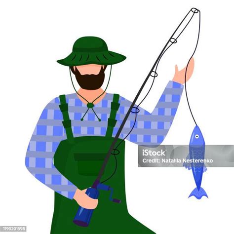 漁夫平面向量插圖運動活躍的休閒海上佔領費舍爾與釣魚竿孤立的卡通人物在白色背景向量圖形及更多人圖片 人 休息 休閒活動 主題