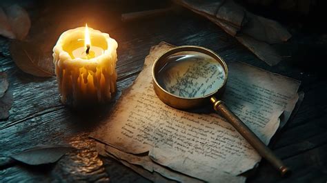 A Burning Candle Illuminates An Old Manuscript And A Magnifying Glass
