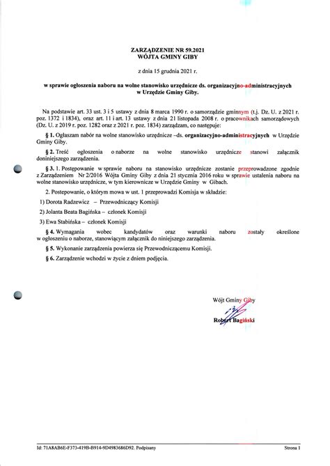 Informacja o naborze na wolne stanowisko urzędnicze ds organizacyjno administracyjnych w