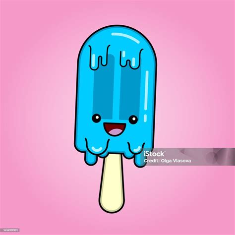 귀여운 아이스크림 카와이 스타일의 스틱 팝시클 벡터 일러스트레이션 만화 맛이 가미된 빙과에 대한 스톡 벡터 아트 및 기타 이미지