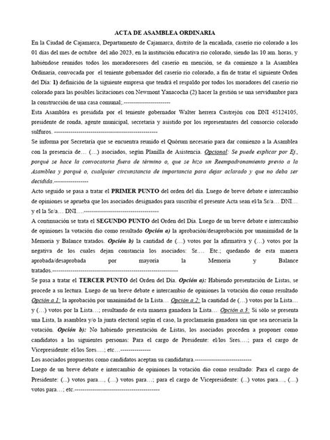 Ref 17 Modelo De Acta De Asamblea Ordinaria Pdf Votación