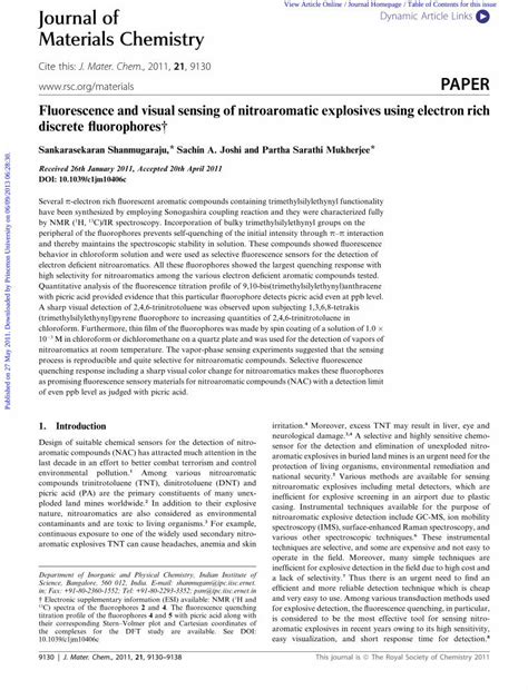 Pdf Fluorescence And Visual Sensing Of Nitroaromatic Explosives Using Electron Rich Discrete