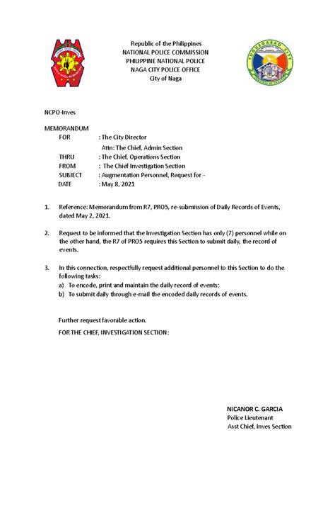 Pnp Memprandum Pnp Memorandum Format Republic Of The Philippines National Police Commission