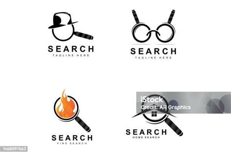 검색 로고 디자인 탐정 일러스트 레이 션 홈 검색 유리 렌즈 회사 브랜드 벡터 로고에 대한 스톡 벡터 아트 및 기타 이미지