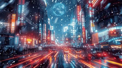 Futuristic Cyberpunk City Street With Neon Lights And Holograms Stock