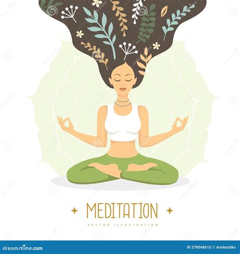 Woman Meditation With Floral Elements Inside Long Hair Stock Vector
