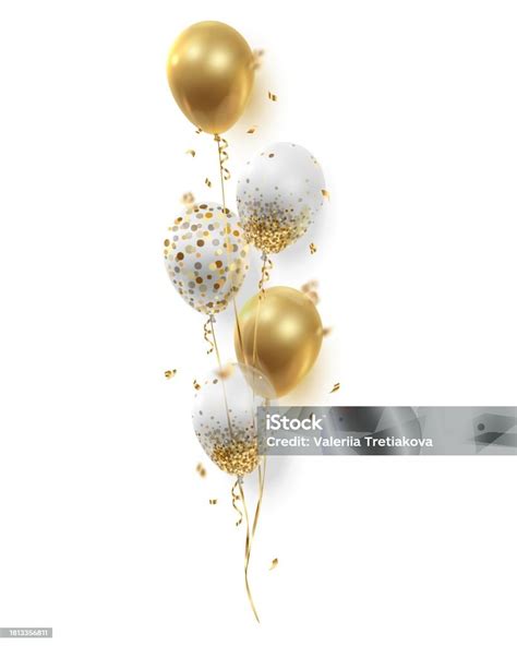 꽃다발 사실적인 황금 풍선 묶음 색종이 조각 구불구불한 색종이 종이 원 및 리본으로 투명합니다 흰색 배경에 고립된 벡터 그림 3차원 형태에 대한 스톡 벡터 아트 및 기타
