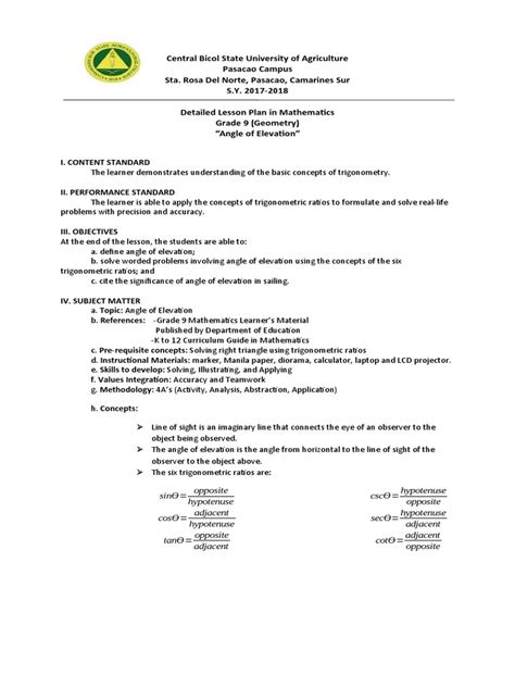 Lesson Plan Angle Of Elevation Pdf Trigonometric Functions Trigonometry