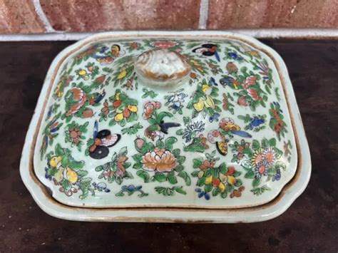 Antique Chinese Polychrome Enameled Lidded Veg Dish Birds Butterflies