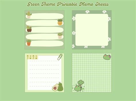 4 Designs Green Theme Printable Notepad 3x3 Inch Digital Download Memo Sheets Cute Notepads