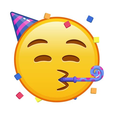 축제 경적과 모자가 있는 얼굴 큰 크기의 노란색 이모티콘 미소 프리미엄 벡터