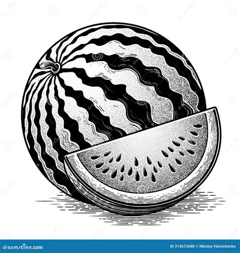 Black And White Vintage Illustration Of A Watermelon Hand Drawn In Ink