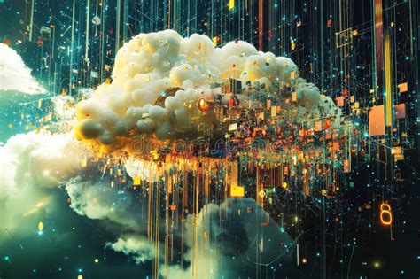surreal cloud computing visualization with digital rain stock image