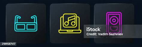 세트 라인 안경 Cd 디스크 어워드 프레임 음악이 있는 노트북 검은색 사각형 버튼입니다 벡터 검은색에 대한 스톡 벡터 아트 및 기타 이미지 Istock
