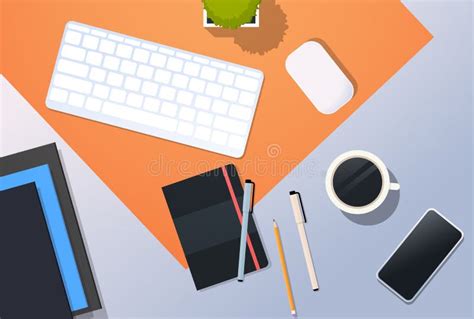Workplace Desk Top Angle View Keyboard Mouse Notepad Office Stuff Horizontal Stock Vector