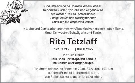 Traueranzeigen Von Rita Tetzlaff Märkische Onlinezeitung Trauerportal
