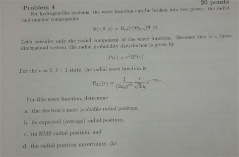 Solved For Hydrogen Like Systems The Wave Function Can Be Chegg Com