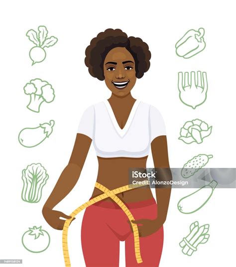허리를 측정하는 젊은 여성에게 적합합니다 센티미터를 가진 아프리카계 미국인 여성 가냘픈에 대한 스톡 벡터 아트 및 기타 이미지