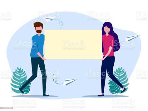 두 남자와 한 여자가 빈 팻말을 들고 있다 아이디어를 표현하거나 표현합니다 텍스트를 입력할 공간입니다 벡터 공동체에 대한 스톡