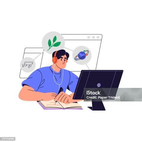 학생은 헤드폰으로 온라인 강의를 듣습니다 소년은 컴퓨터로 공부합니다 과학을 배우는 젊은이 공책에 씁니다 원격 교육 흰색 배경에 평평한 고립 된 벡터 그림 학습에 대한 스톡