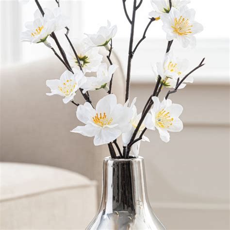 Artificial Cream Blossom In Silver Metallic Vase Dunelm
