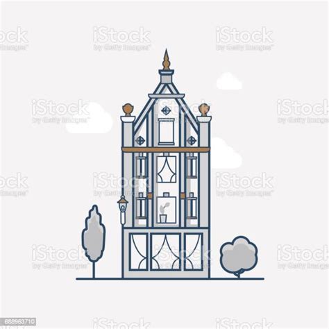 哥特式復古建築酒店線性描邊輪廓平面樣式向量圖示顏色線藝術圖示集合向量圖形及更多伯利茲圖片 伯利茲 城市屋 平面設計 Istock