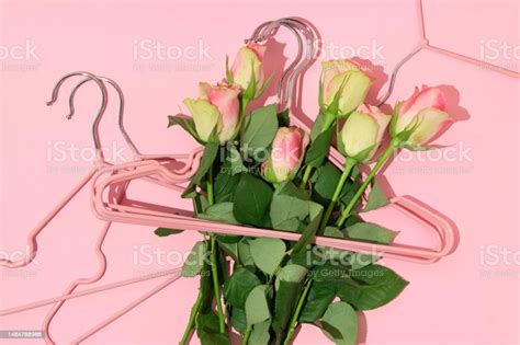 파스텔 핑크 배경에 분홍색 장미와 옷걸이가 있는 봄의 창의적인 낭만적인 레이아웃 80년대 또는 90년대 복고풍 패션 미적 사랑 개념 최소한의 발렌타인 데이 화장품 아이디어