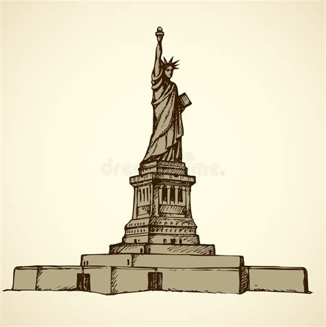 Estátua De Liberdade And De Por Do Sol De New York City Esboço Do Vetor