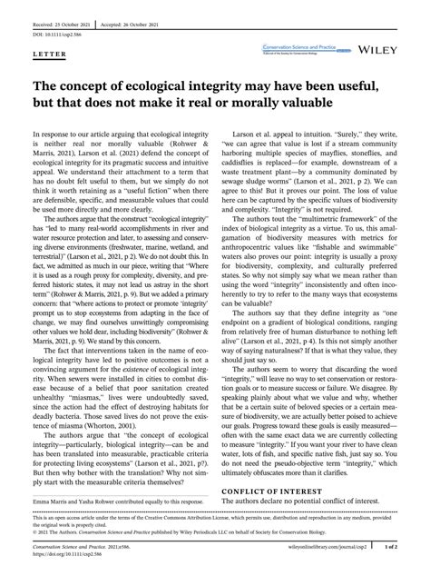 Pdf The Concept Of Ecological Integrity May Have Been Useful But That Does Not Make It Real