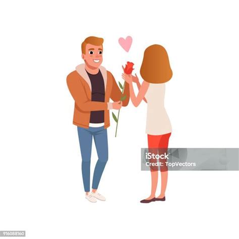 행복 한 로맨틱 한 사랑 하는 몇 날짜 만화 벡터 일러스트 레이 션에 그의 여자 친구에 게 장미 꽃을 주는 남자 친구 2명에