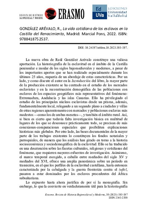 Pdf GonzÁlez ArÉvalo Raúl La Vida Cotidiana De Los Esclavos En La