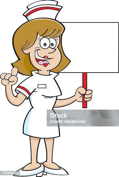 พยาบาลการ์ตูนถือป้าย ภาพประกอบสต็อก ดาวน์โหลดรูปภาพตอนนี้ ความตลกขบขัน มโนทัศน์ พยาบาล
