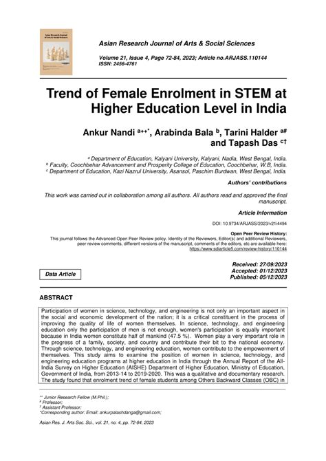 Pdf Trend Of Female Enrolment In Stem At Higher Education Level In India