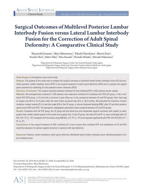 Pdf Surgical Outcomes Of Multilevel Posterior Lumbar Interbody Fusion Versus Lateral Lumbar