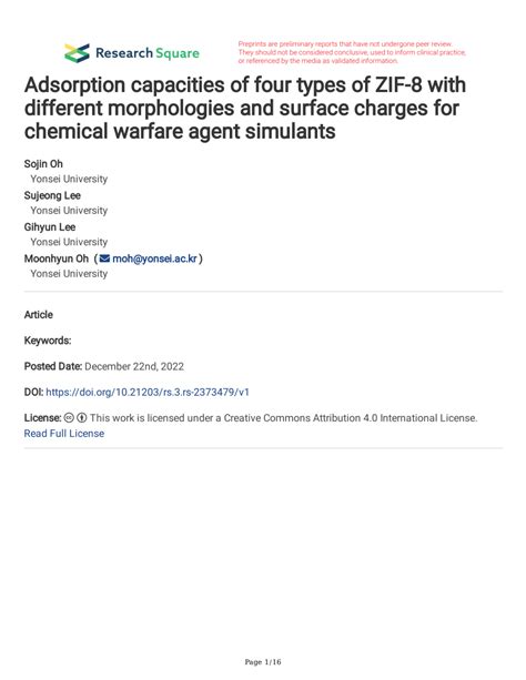 Pdf Adsorption Capacities Of Four Types Of Zif 8 With Different
